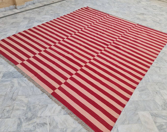 Pink and Red Striped Rug, Custom Rug, Wool Rug, 9x12 Dhurrie Rug, 8x10 ...