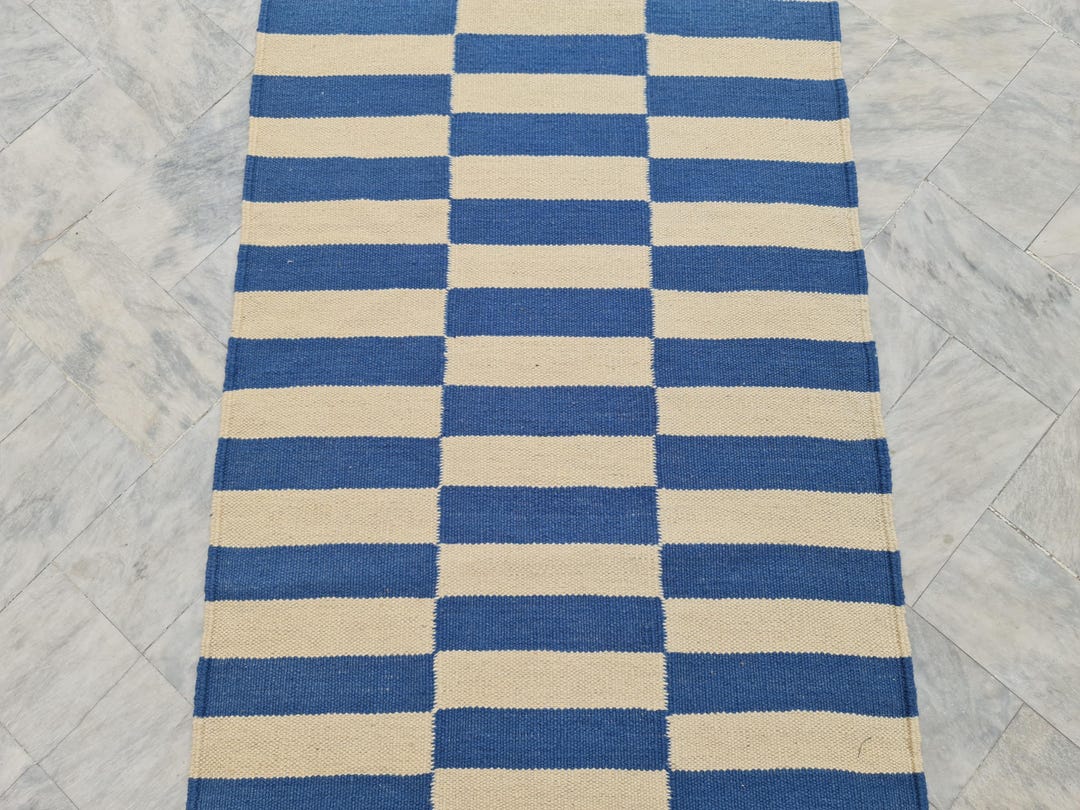 Blue and White Runner Rug, Striped Runner Rug, Hallway Rug, Wool Runner ...