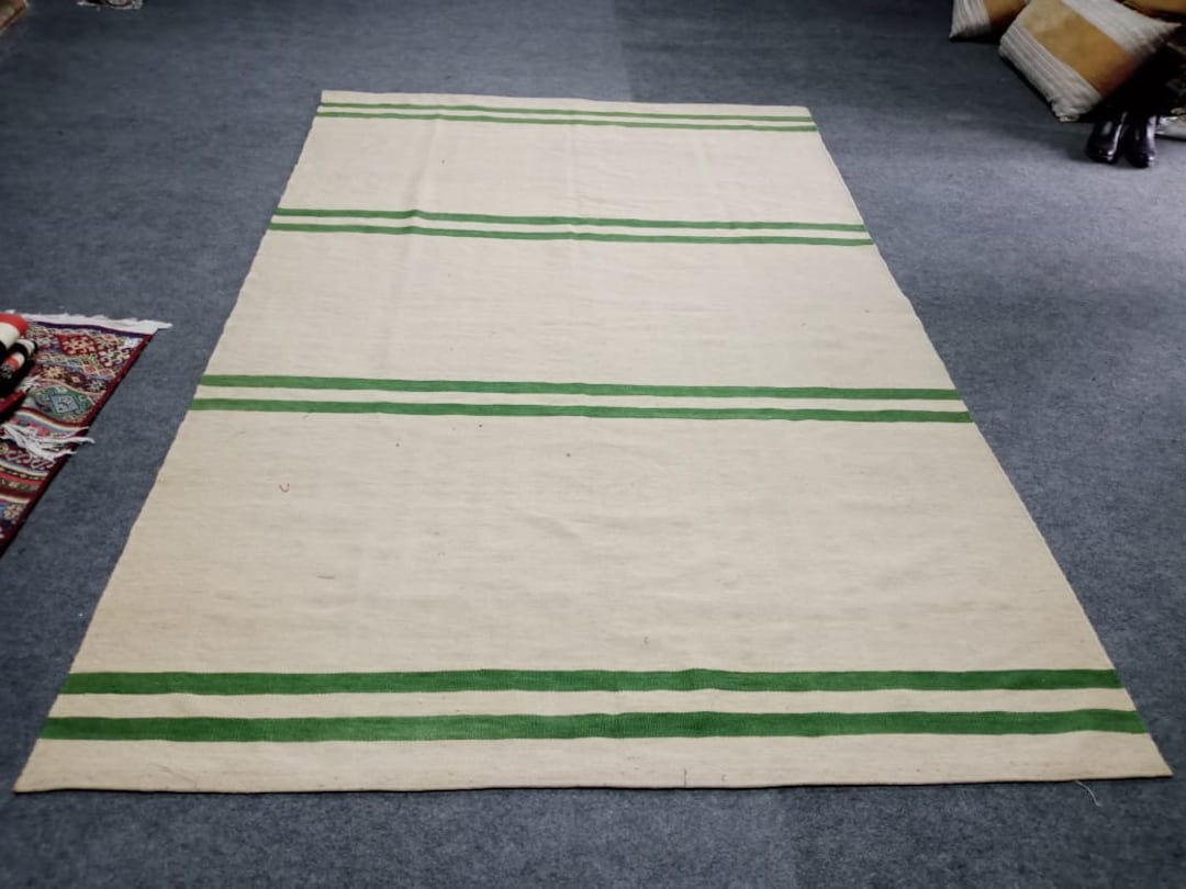 Green and White Rug, Striped Kilim Rug, Dhurrie Rug, Large Area Rug ...