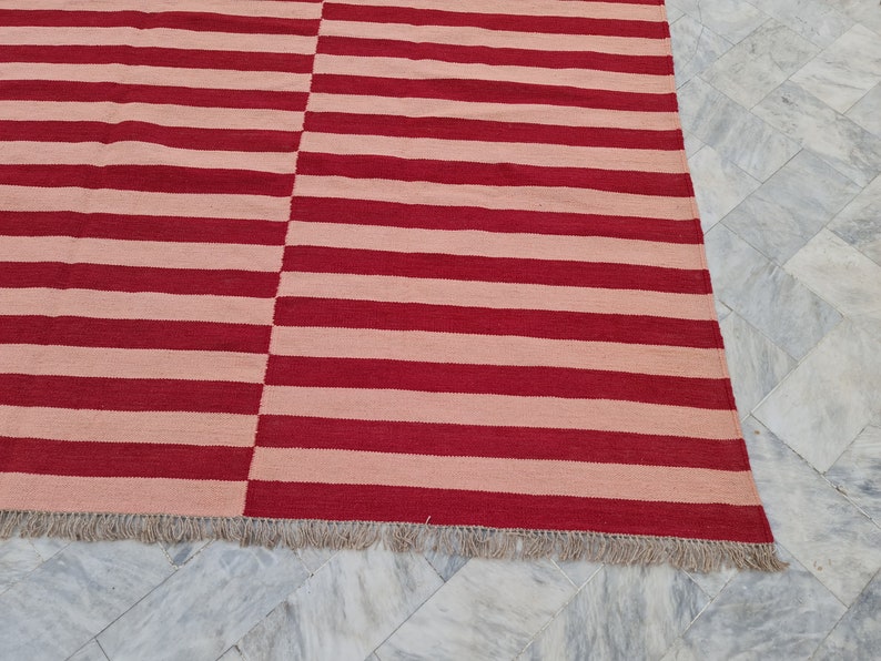 Pink and Red Striped Rug, Custom Rug, Wool Rug, 9x12 Dhurrie Rug, 8x10 ...