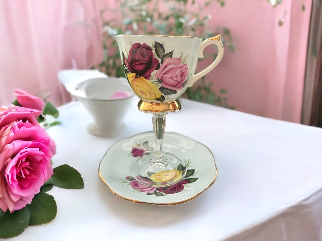 Tipsy Rose Imperial Rose Gold Tea Cup on Glass Stem Teacup on a Wine ...