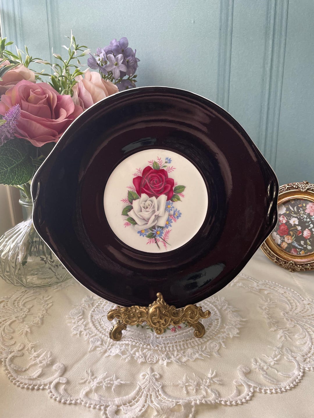 Queen Anne ‘black Rose’ Cake Plate (perfectly Paired With a 3 Tier Cake ...
