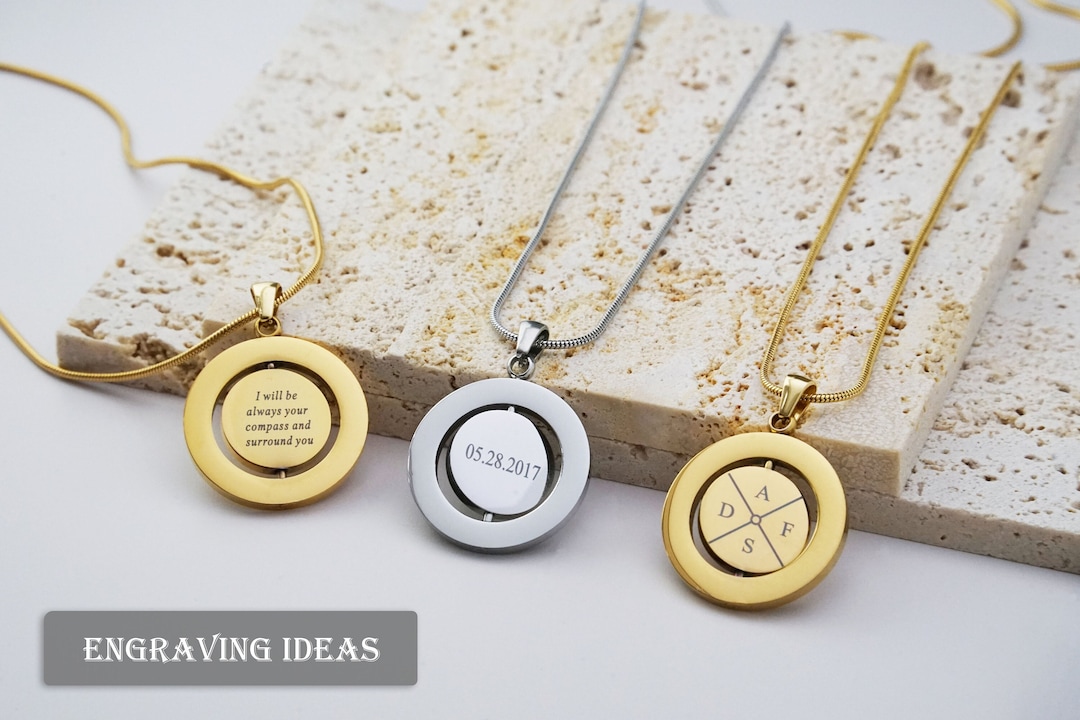 Personalized Compass Necklace: Engraved Initial & Date, Stainless Steel ...