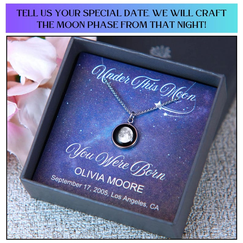 Custom Moon Phase Necklace Gift: Personalized Name Date Message Card - Etsy
