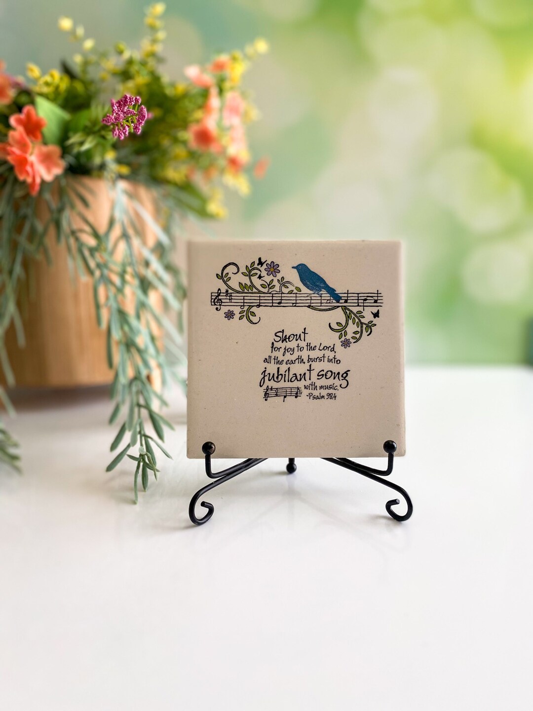 Ceramic Art Tile, Flowers and Blue Birds, Musical Notes, Religious ...