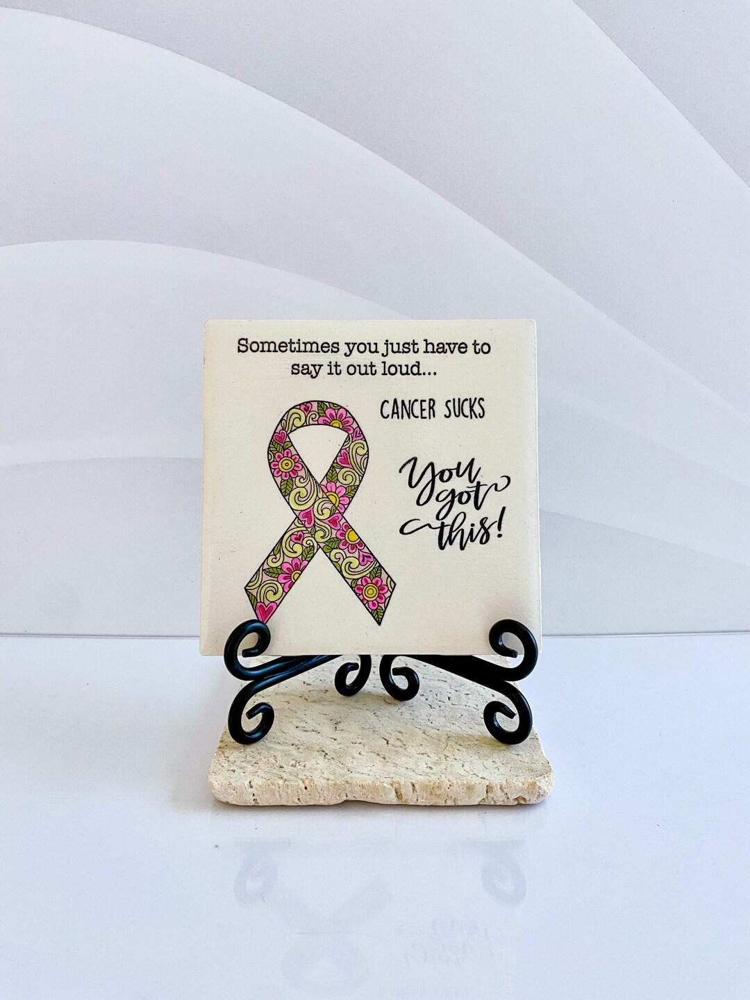 Pink Ribbon of Hope, Hand Painted Ceramic Art Tile for Breast Cancer ...