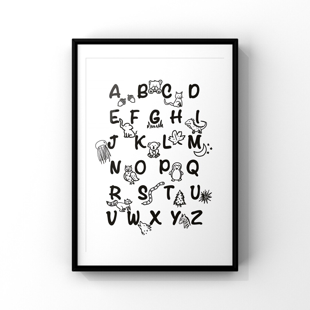 Animal Alphabet Poster - DIGITAL DOWNLOAD - Black White - Hand Drawn ...