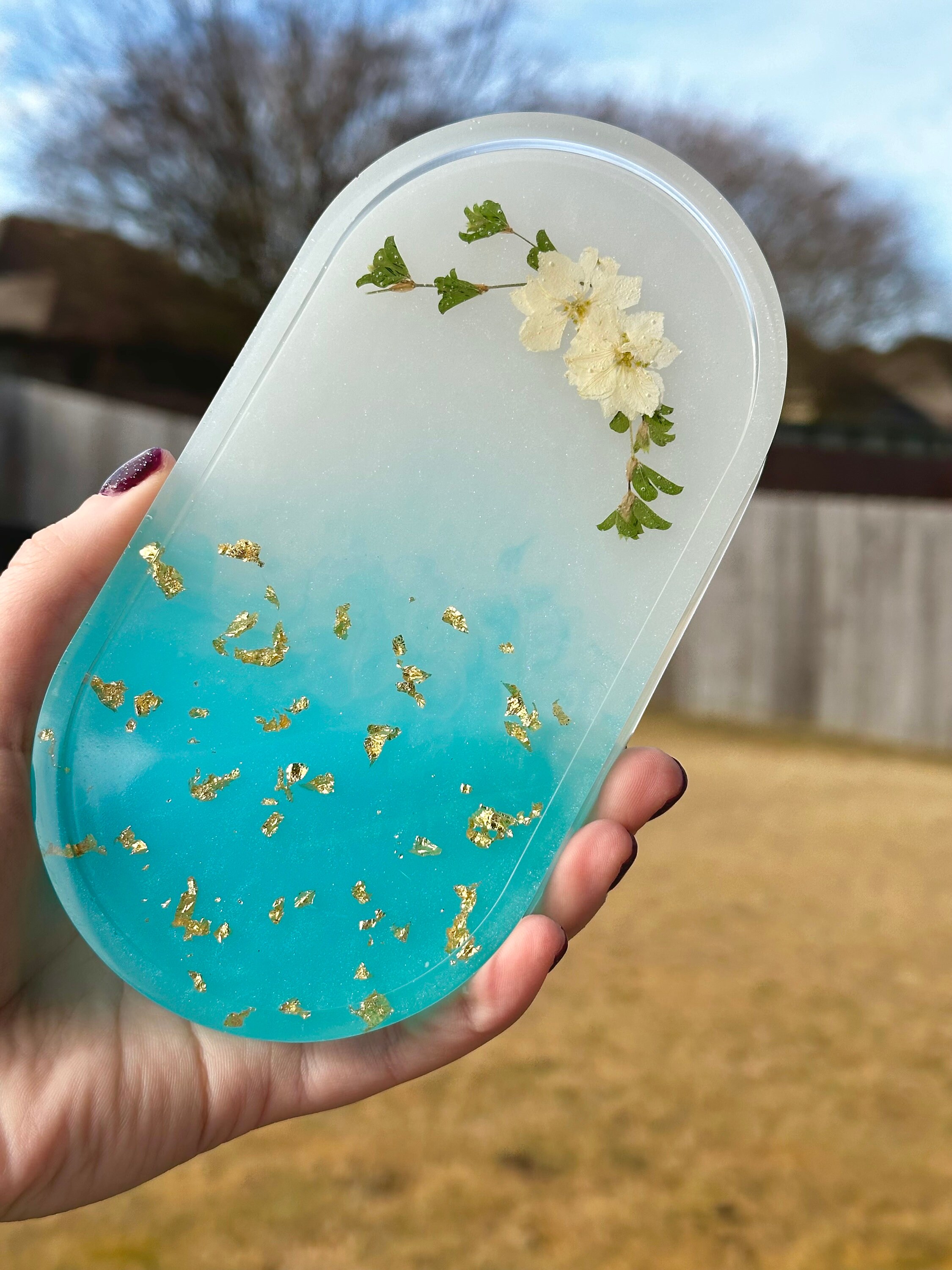 Trinket/jewelry Tray Blue and White With Gold Leaf Resin Tray Floral ...