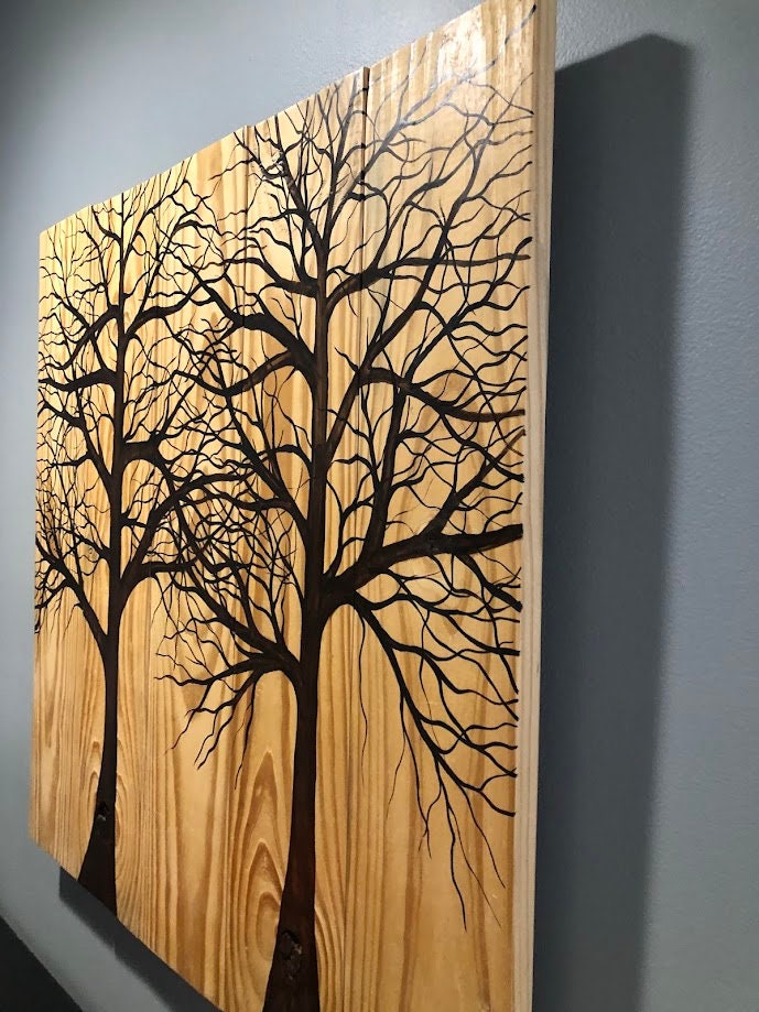 Twin Trees Painted With Stain on Reclaimed Wood. 27 3/4 X 27 1/2 - Etsy