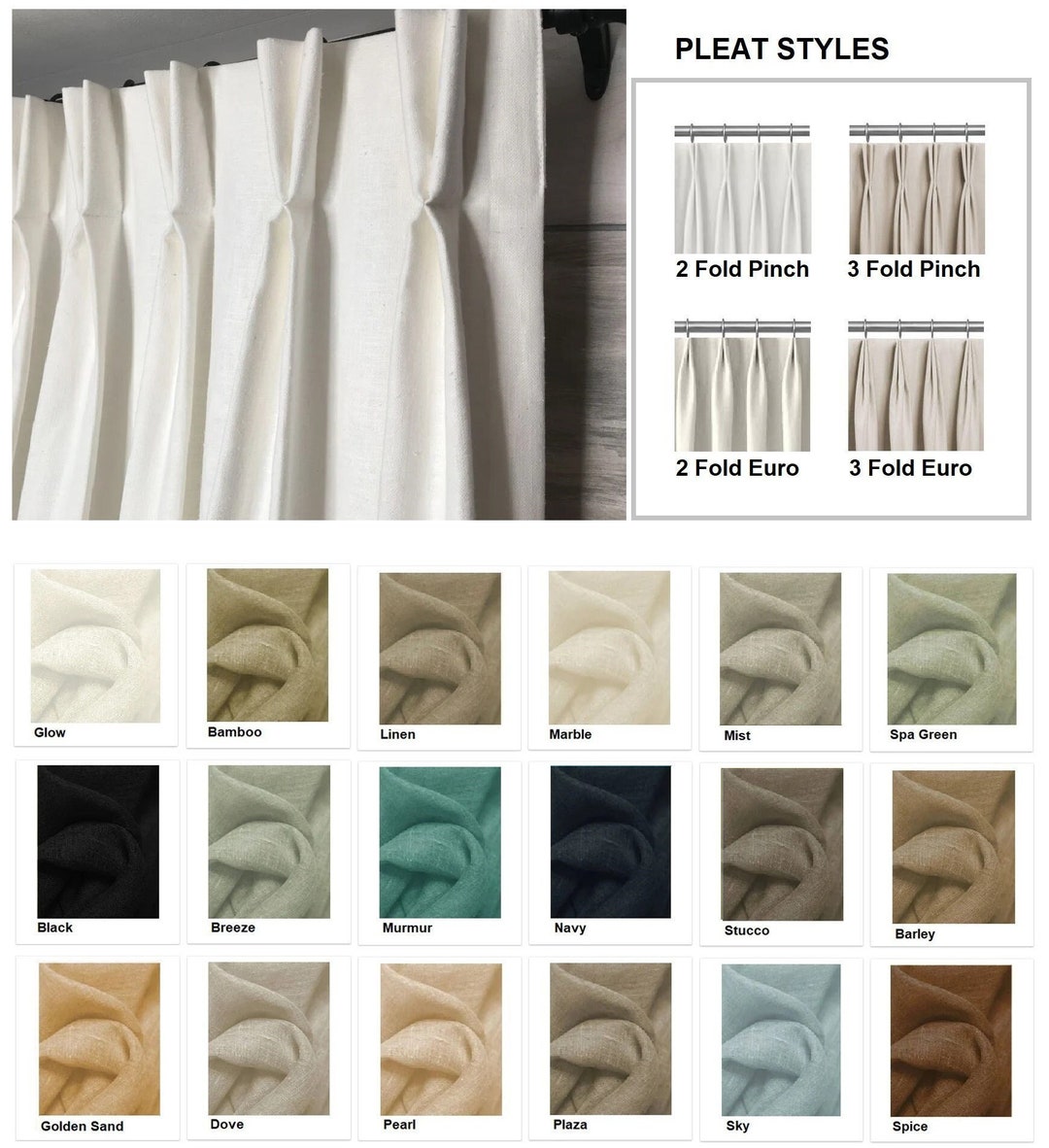 PAIR of Fully Lined 100% Linen Designer Pleated Curtains/drapes-off ...