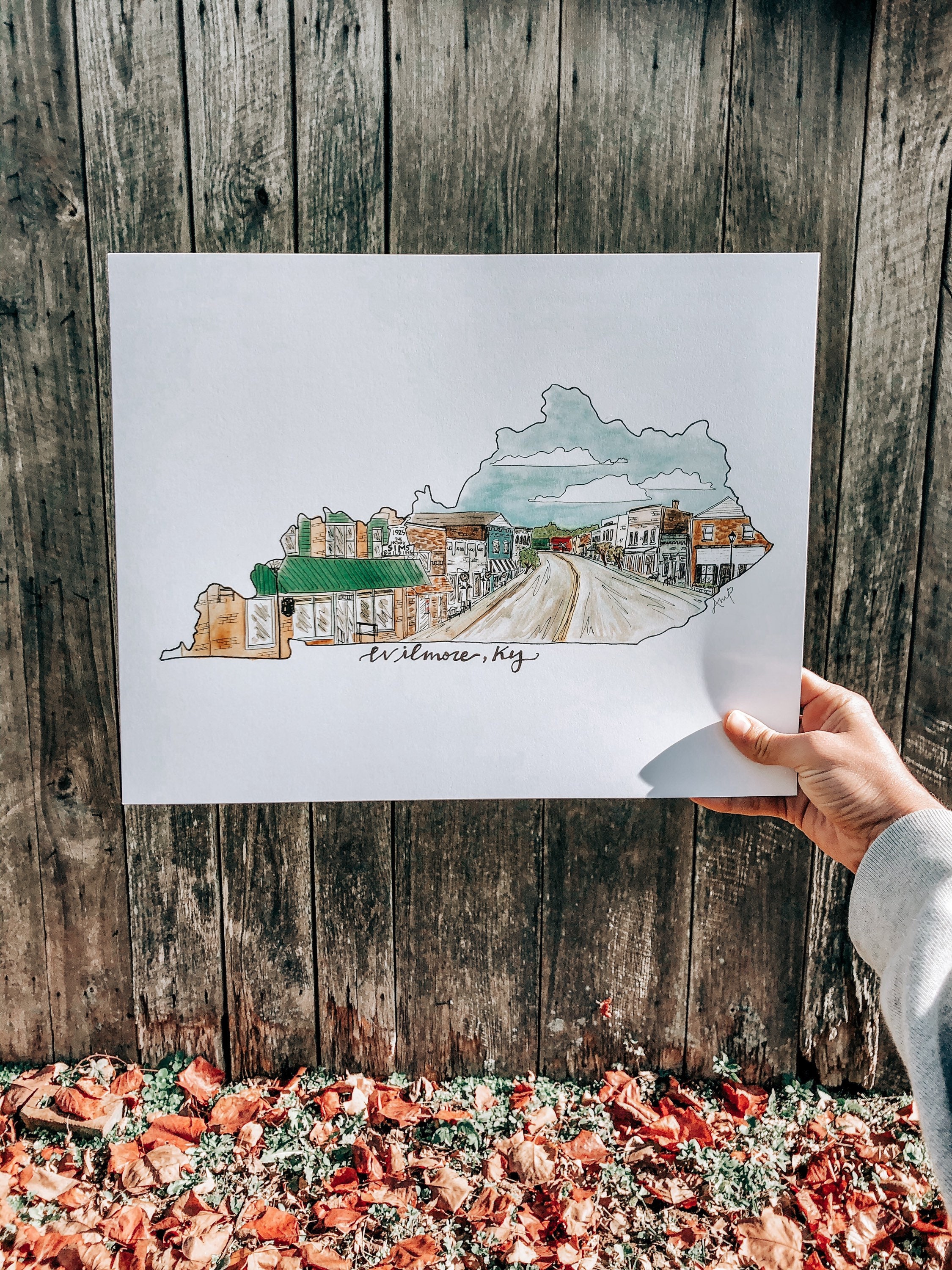 Wilmore, KY Downtown Scene, Watercolor Print, Shape of Kentucky, 8x10 ...