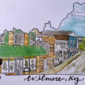 Wilmore, KY Downtown Scene, Watercolor Print, Shape of Kentucky, 8x10 ...