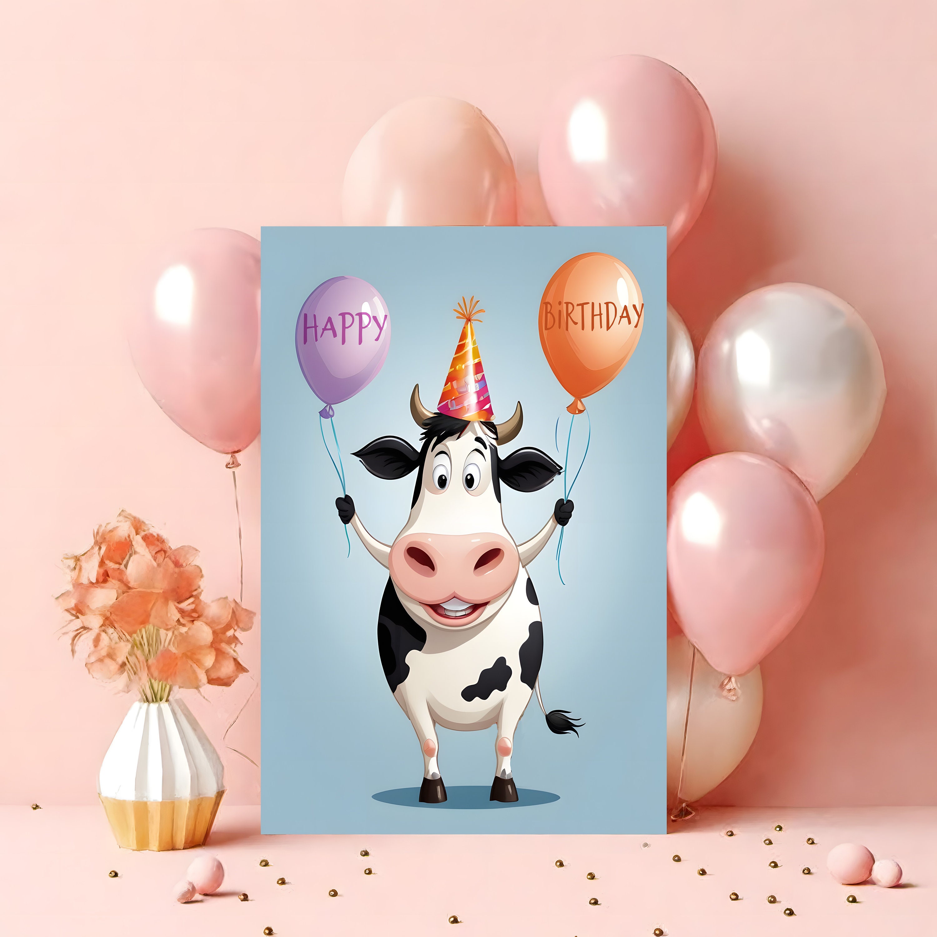 Whimsical Birthday Card: Hilarious Cow With Balloons BIRTHDAY CARD ...