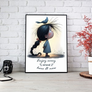 Whimsical Girl With Blue Bird Art Print, Motivational Nursery Decor ...