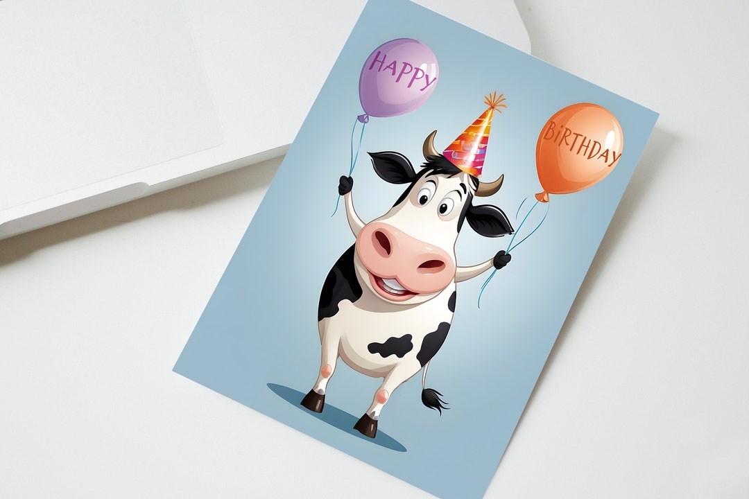 Whimsical Birthday Card: Hilarious Cow With Balloons BIRTHDAY CARD ...