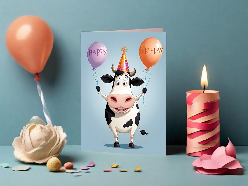 Whimsical Birthday Card: Hilarious Cow With Balloons BIRTHDAY CARD ...