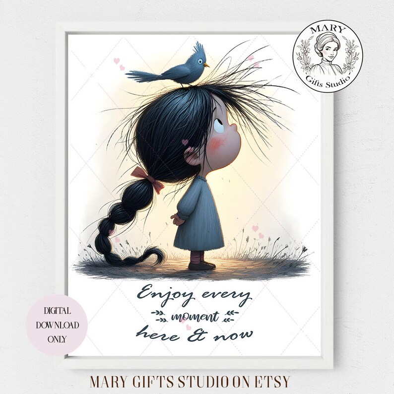 Whimsical Girl With Blue Bird Art Print, Motivational Nursery Decor ...