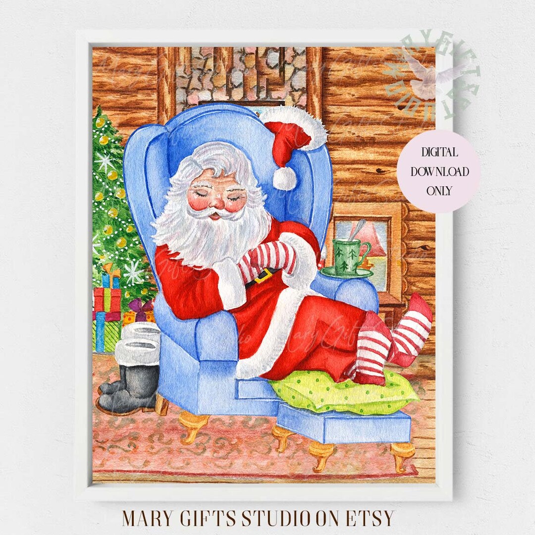 Christmas Scene Watercolor Santa Claus Poster Santa Printable Vintage ...