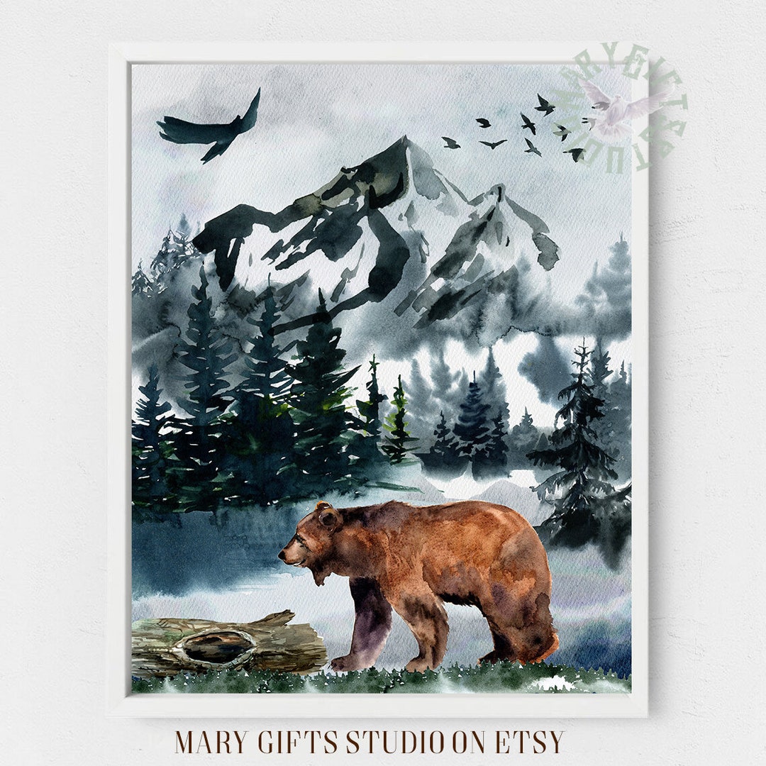 Watercolor Mountain Landscape Print: Bear in Woods (digital Download ...