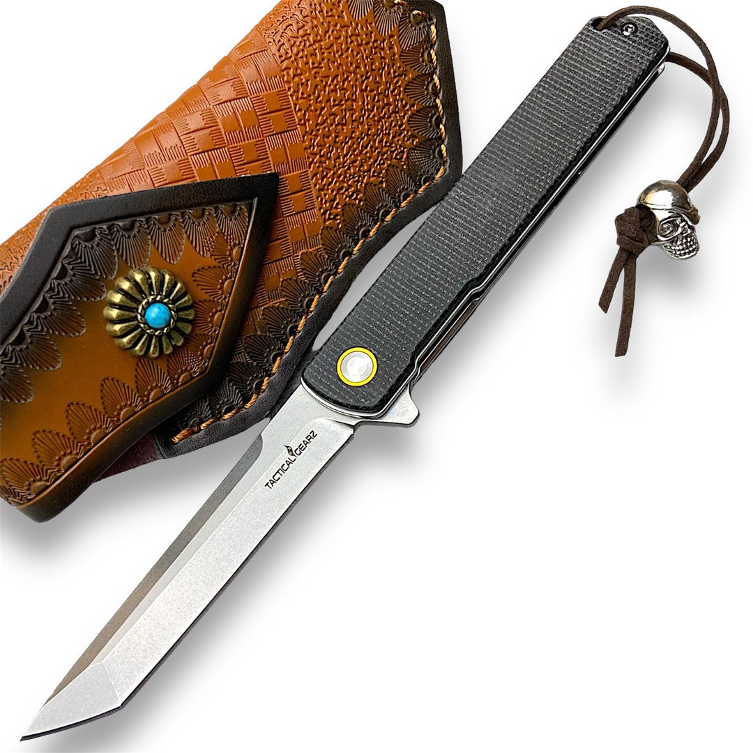 D2 Steel Tanto Blade Pocket Knife: Flax Micarta Handle, Leather Sheath ...