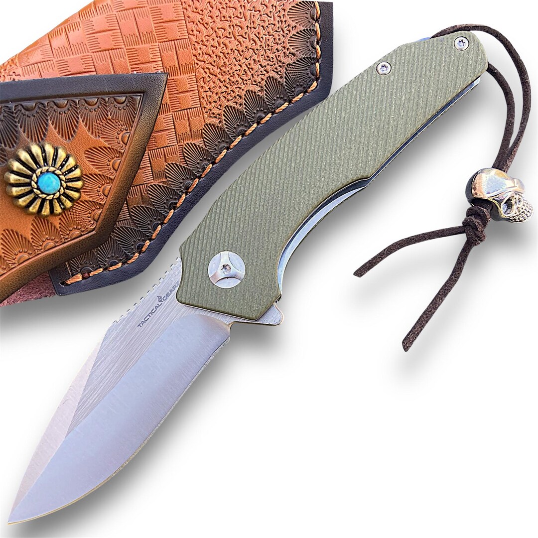 TG Xeno Pocket Knife, 9cr18mov Steel, G10 Handle, Leather Sheath - Etsy