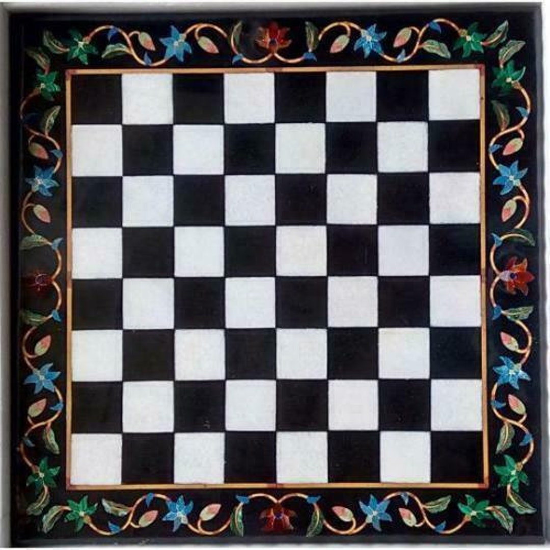 Black Marble Chess Board, Chess Table Top Inlay With Semi-precious ...