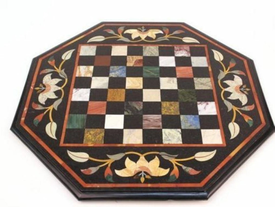 Black Marble Chess Table Top Chess Board Inlay Children Game With Semi ...