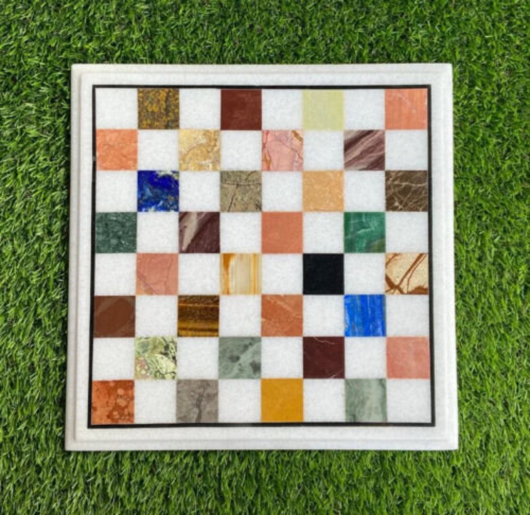 White Marble Chess Board, Chess Table Top Inlay With Semi-precious ...