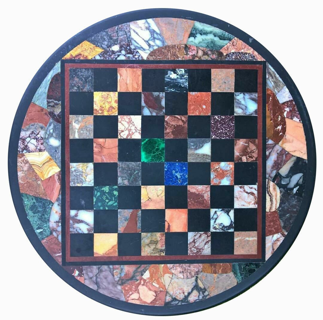Round Shape Black Marble Chess Table Top Chess Board Inlay Children ...
