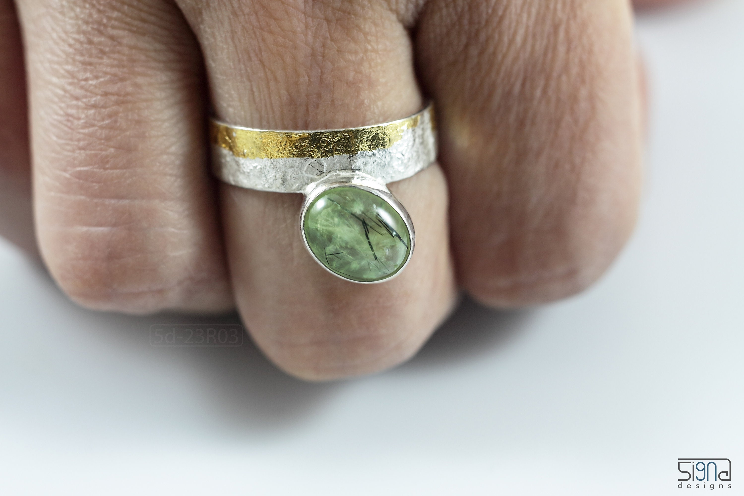 Reticulated Silver Ring: 24k Gold Foil, Prehnite & Tourmaline Cabochon ...