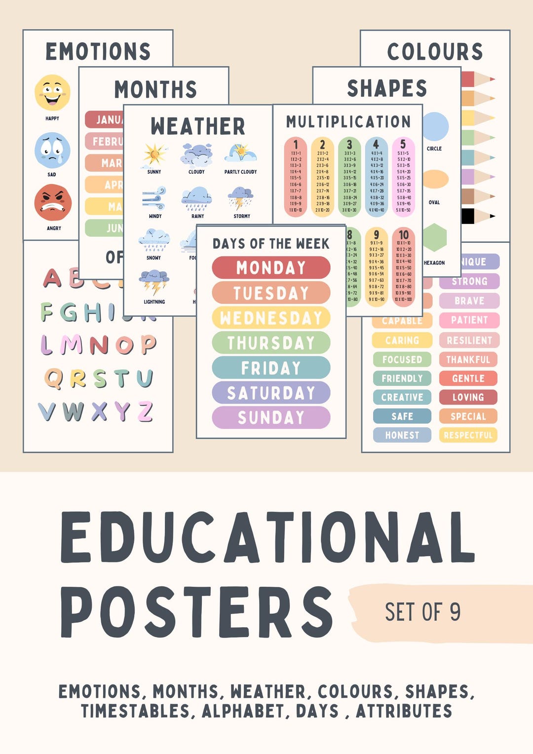Educational Posters Set of 9 emotions, Months, Weather, Colours, Shapes ...
