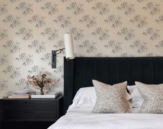 Rose Wallpaper Bold, Line-drawn Roses Design Available in Black & White ...