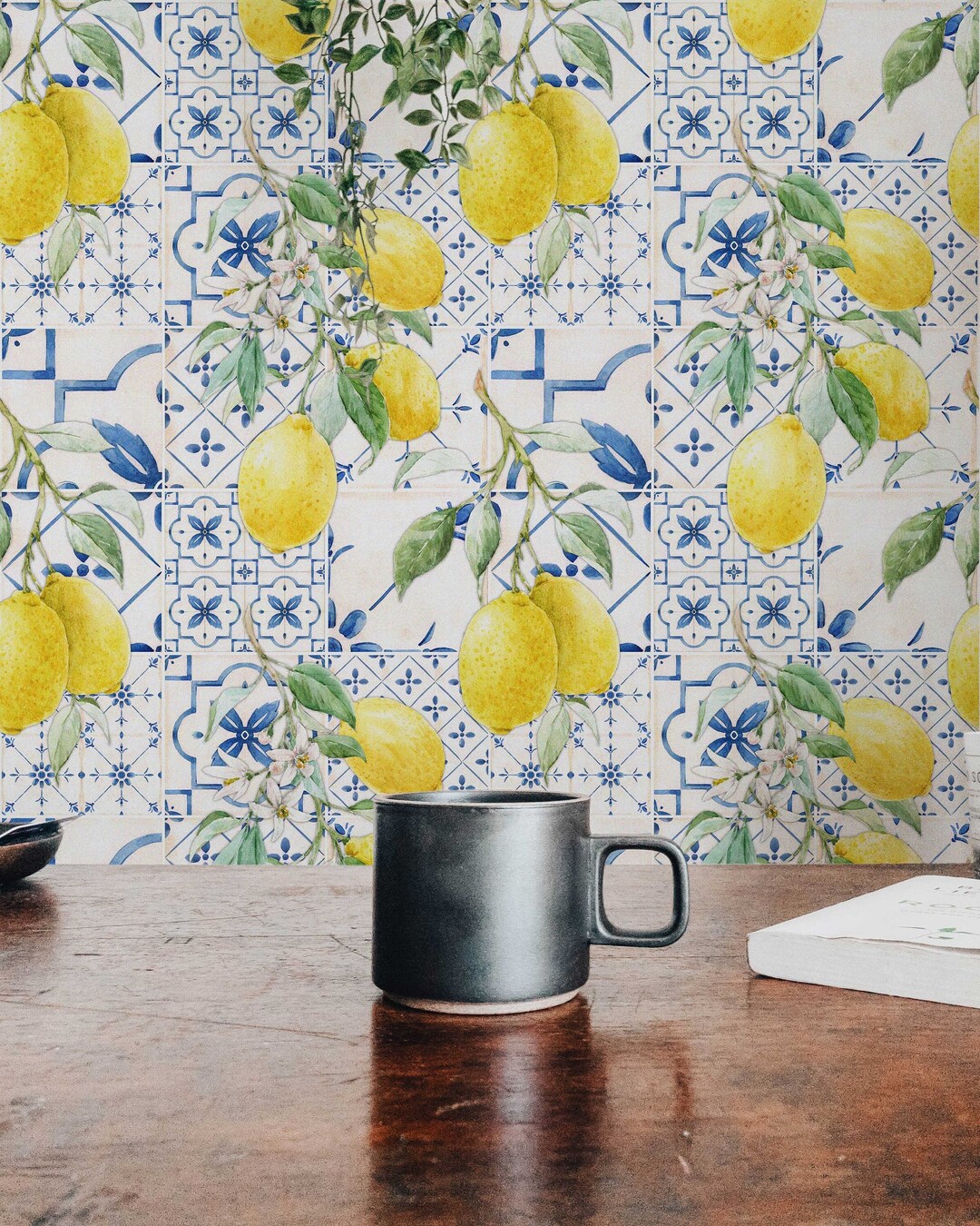 Watercolor Lemons Removable Wallpaper: Blue Sicilian Tile Wall Mural - Etsy