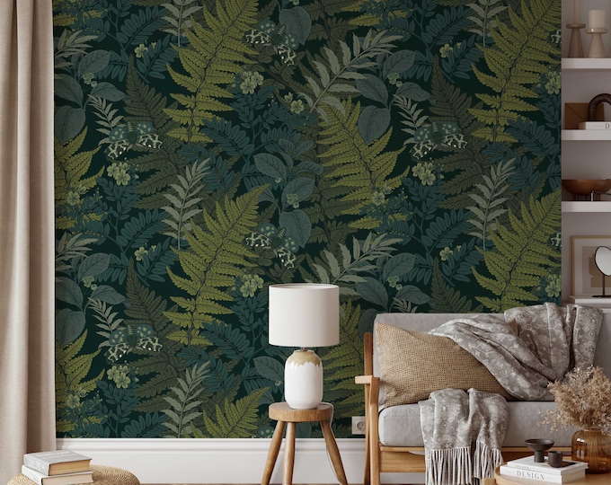 Fern Botanical Wallpaper, Dark Botanical Wallpaper, Peel and Stick ...