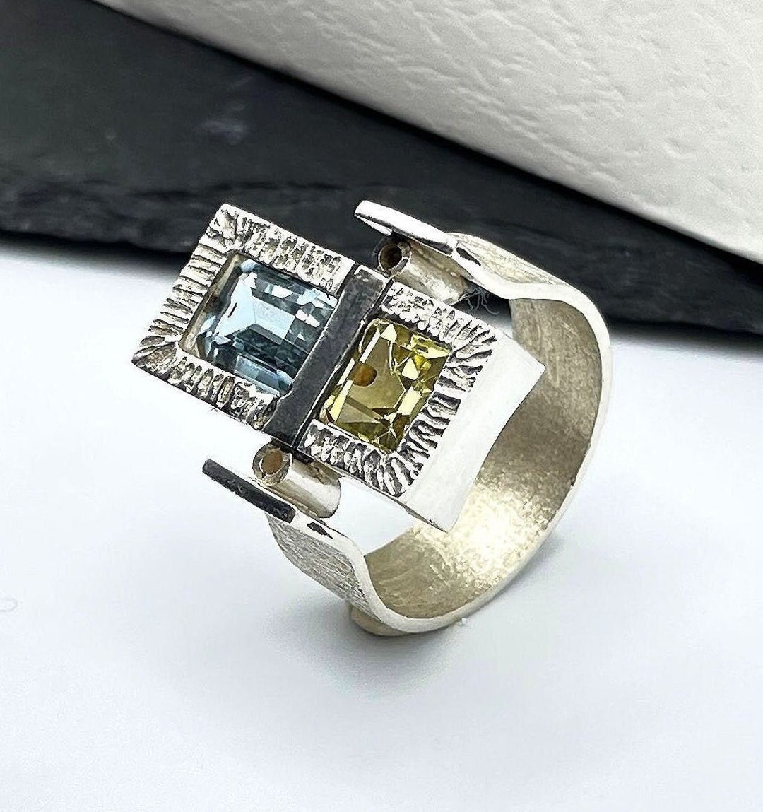 Natural Blue Topaz Ring, Wide Band Rings With Stones for Women ...