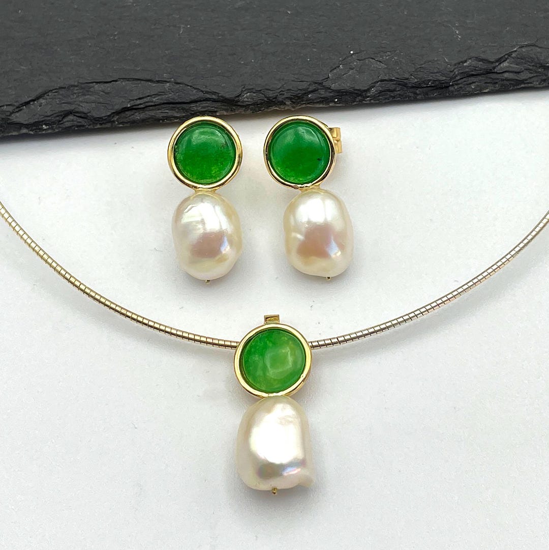 Gold Jade Jewelry Set for Woman, Pearl and Jade Earrings 18K Gold ...