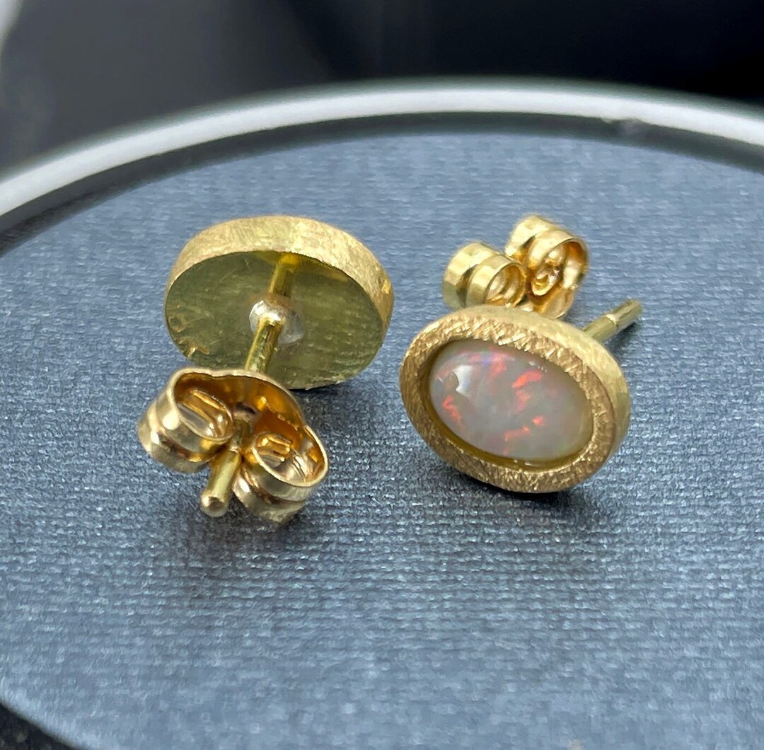 Natural Opal Earrings in 18K SOLID GOLD, Gold Opal Studs, White Opal ...