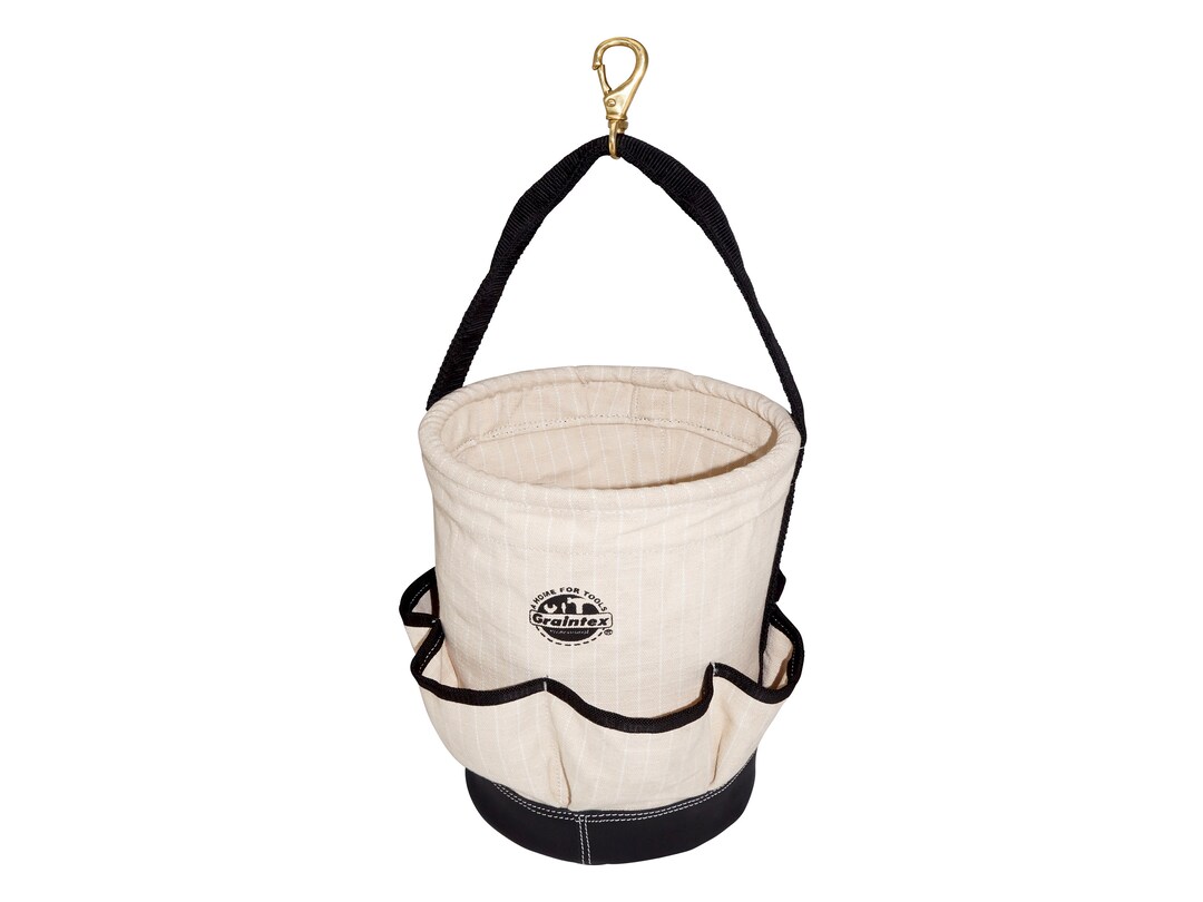 Graintex Tapered Canvas Bucket With Hook Leather Bottom 6 Outer Pockets ...