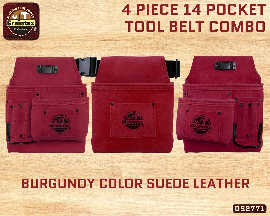 Graintex 4 Piece 14 Pocket Tool Belt Combo Burgundy Color Suede Leather ...