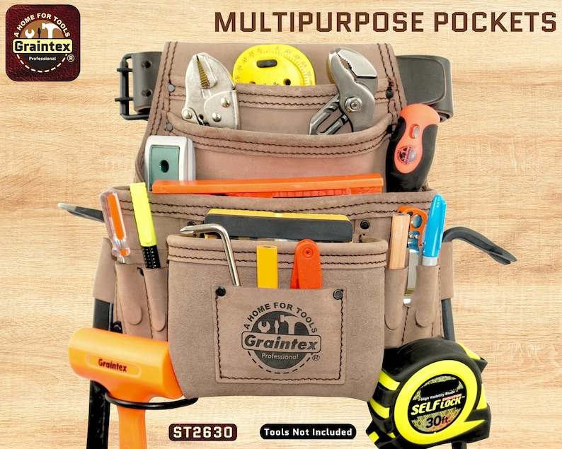 Graintex 10 Pocket Nail & Tool Pouch Beige Color Top Grain Leather With ...