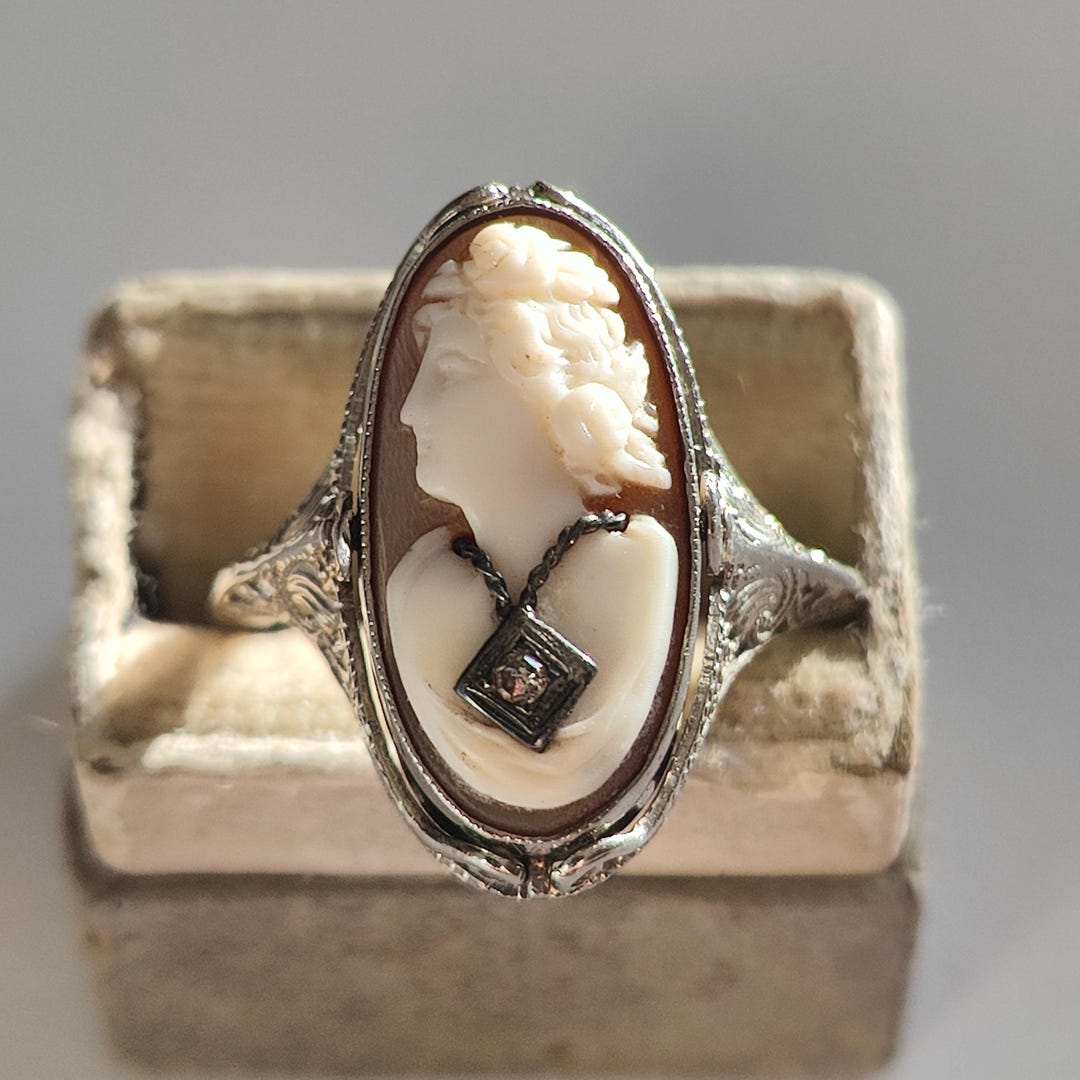 Antique 14k White Gold Filigree Cameo Onyx Diamond Flip Ring Sz 9 - Etsy