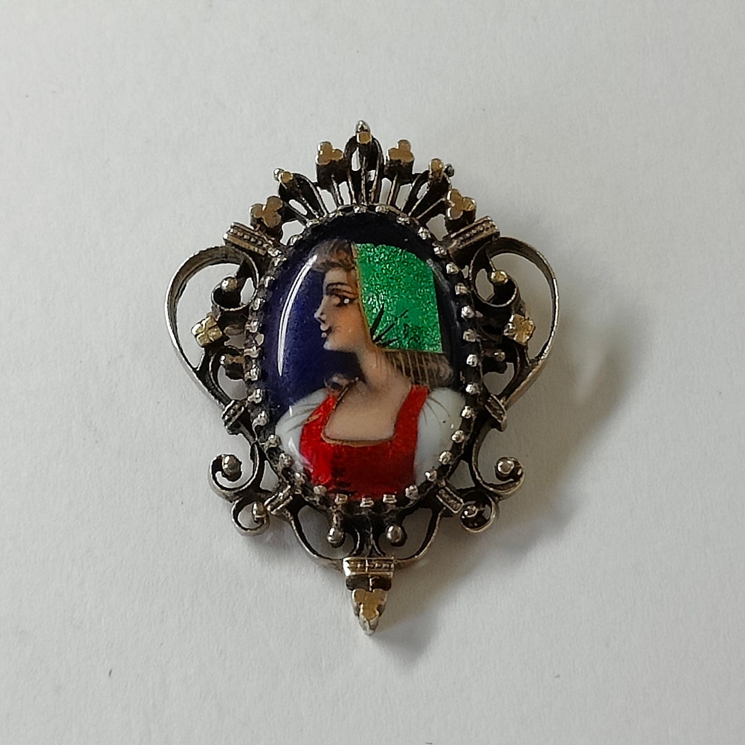 Vintage French 14k Gold Enamel Portrait Pin Pendant - Etsy