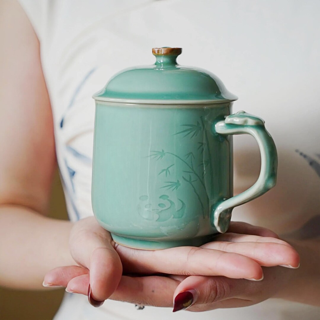 Handmade Panda Bamboo Tea Mug With Lid – Engraved Celadon 12oz Cup ...