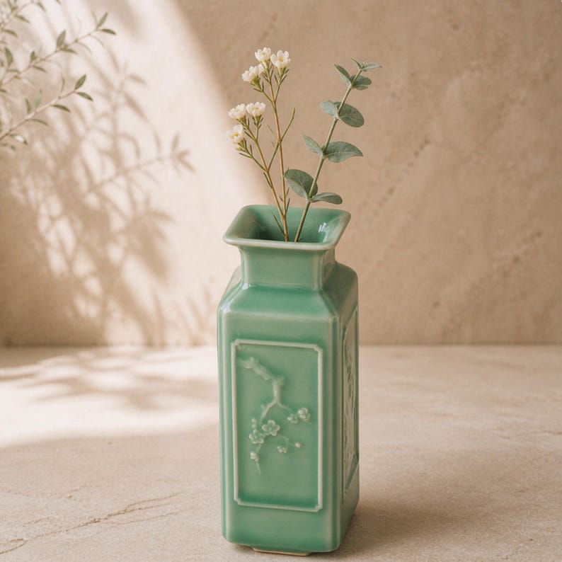 Celadon Bud Vase – Handmade Sculptural Green Ceramic, Japandi Zen Home ...
