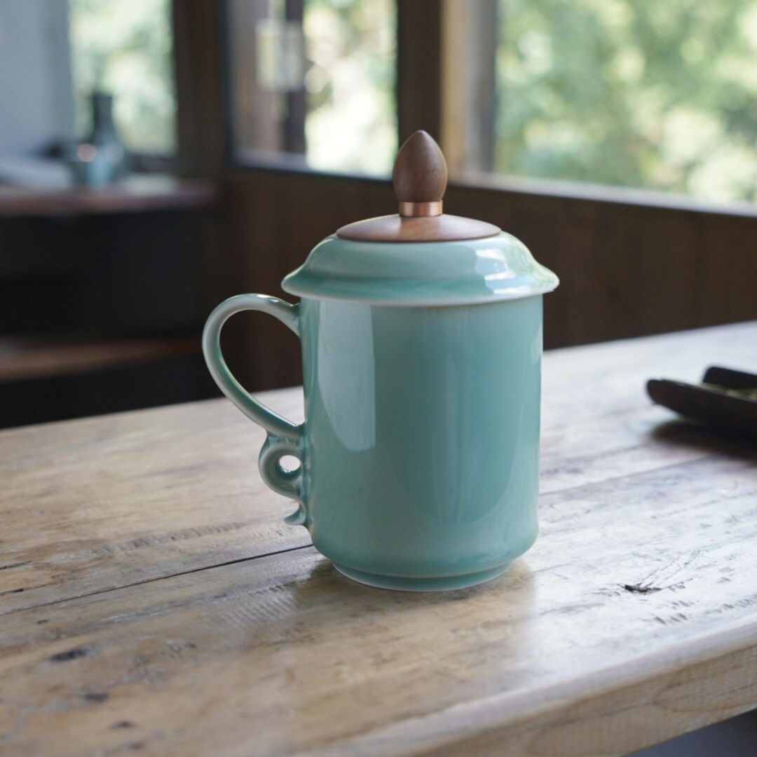 Japandi Celadon Mug With Wooden Lid – 12oz Handmade Green Ceramic Tea ...