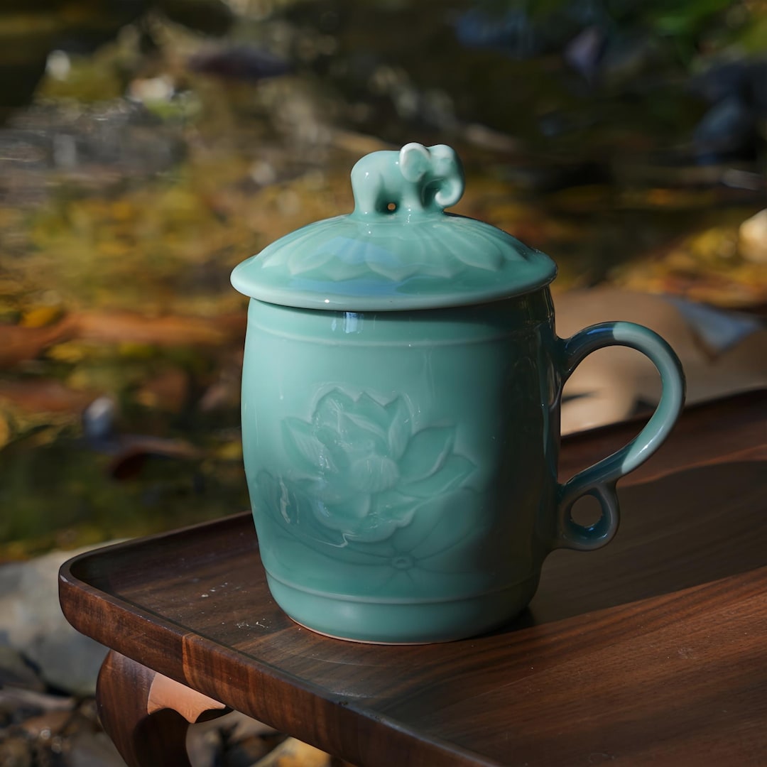 Elephant Tea Mug With Lid – Handmade Celadon Cup 12oz, Ceramic Elephant ...