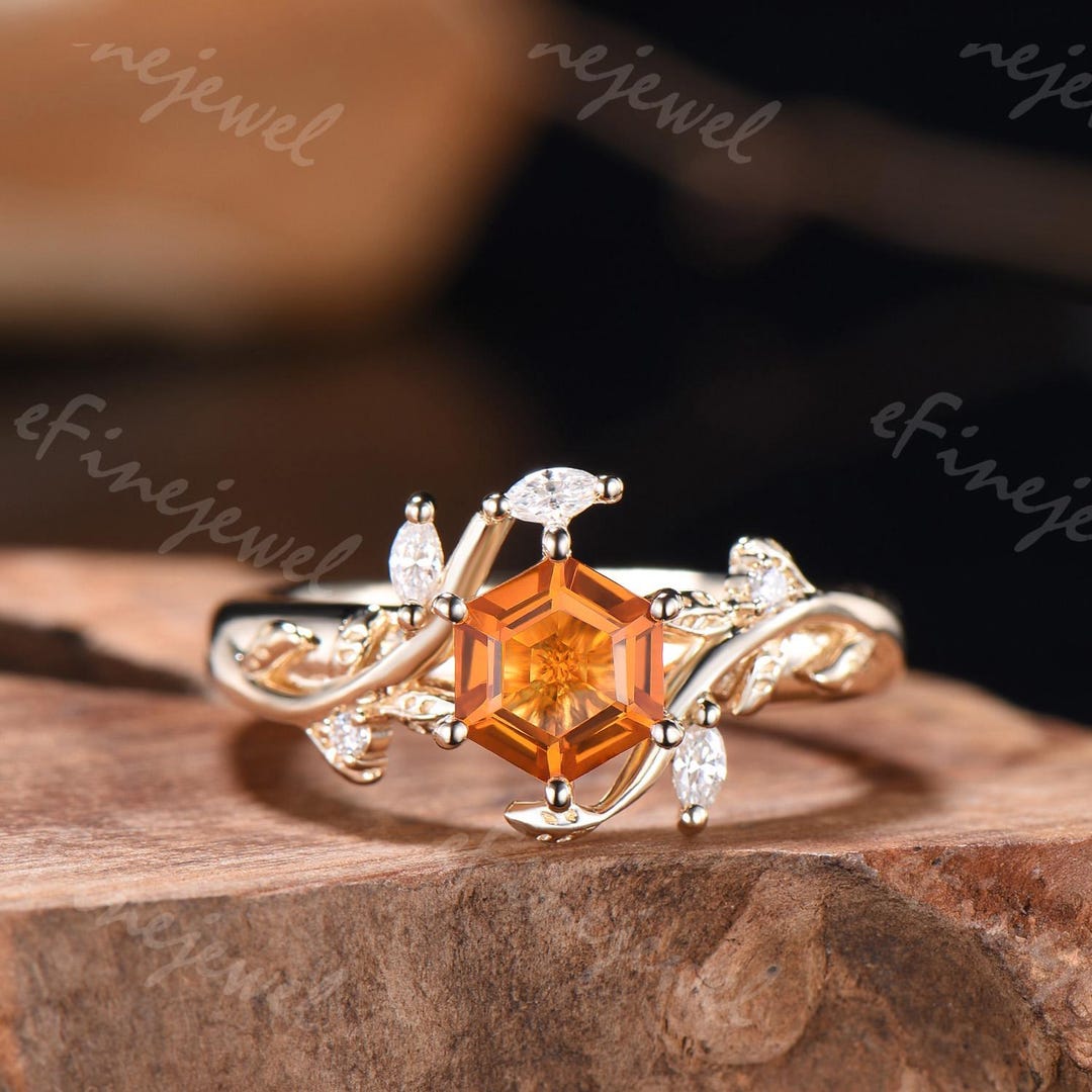 Hexagon Cut Natural Citrine Engagment Ring Diamond Twig Leaf Ring ...