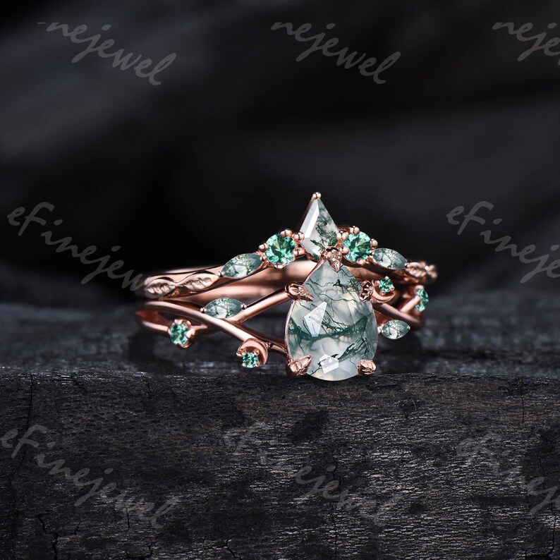 Vintage Moss Agate Pear Ring Set, Emerald Twig Vine Bridal Jewelry ...