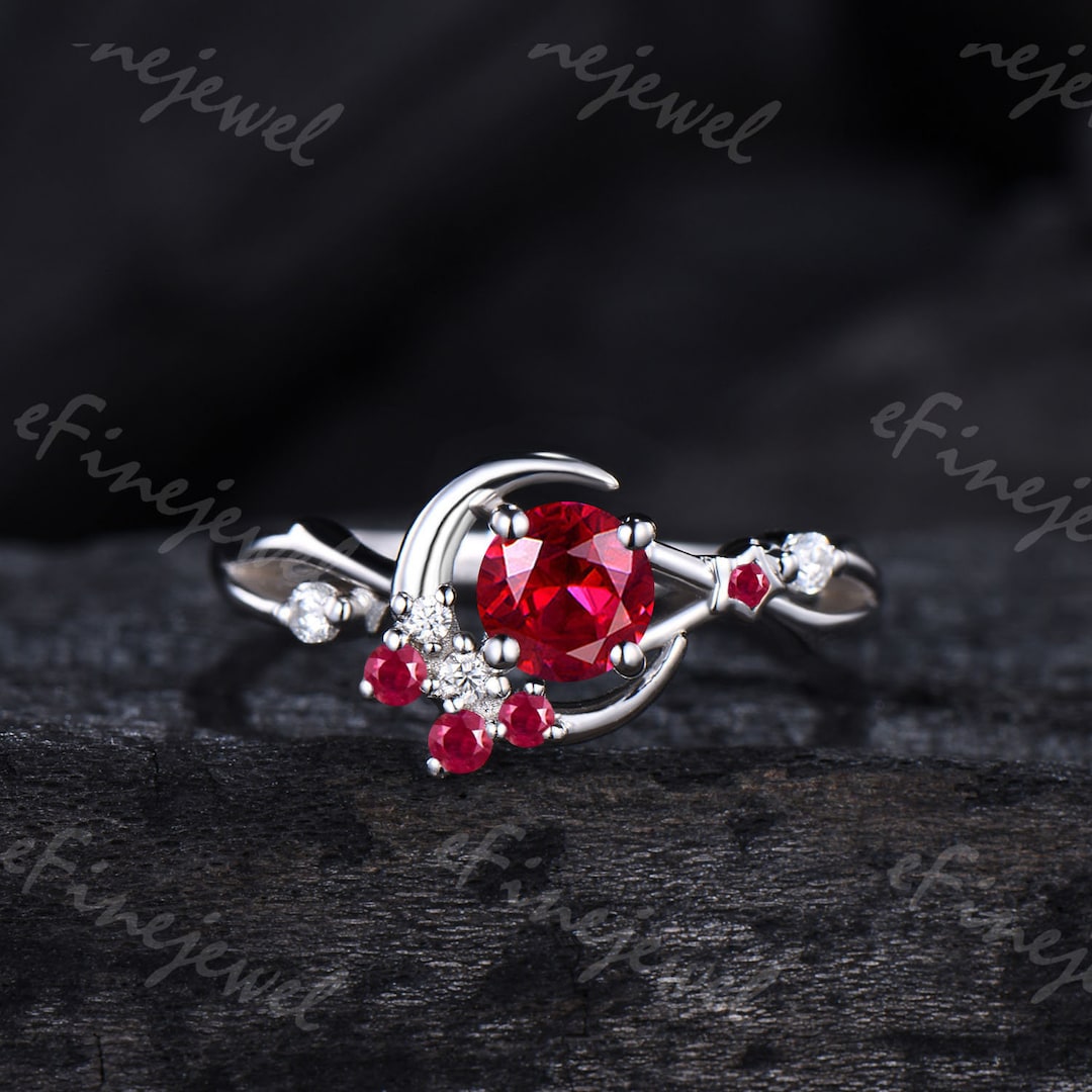 Dainty Ruby Ring 5mm Round Lab Ruby Engagement Ring Art Deco Moon Star ...