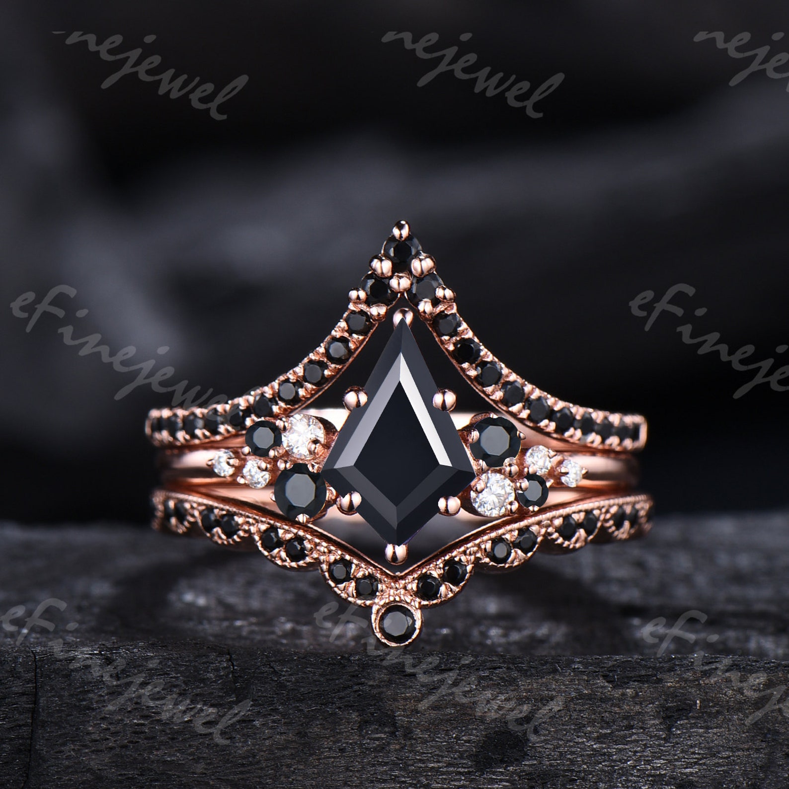 Vintage Balck Onyx Engagement Ring Set Unique Kite Cut Black Stone ...